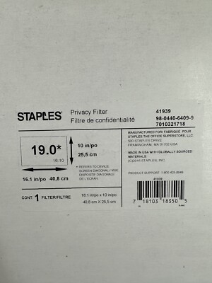 Staples 41939 Laptop 19.0W 19” Widescreen Privacy Screen Filter, Black ...