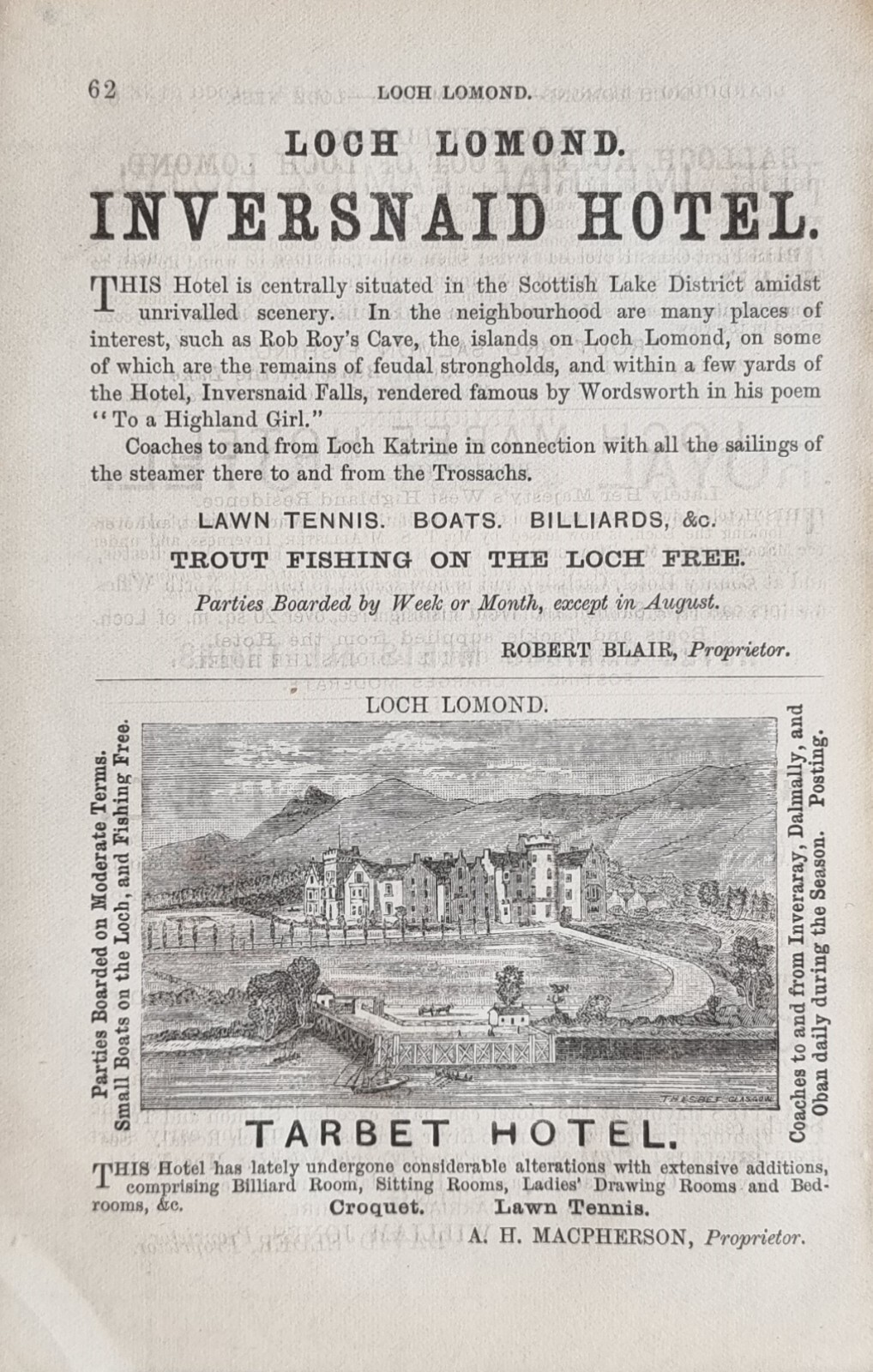 1888 TOURIST PRINT LOCH LOMOND INVERSNAID HOTEL TARBET HOTEL | eBay