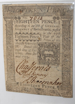 X Old Original 1775 United States Pennsylvania 18 Pence Colonial ...