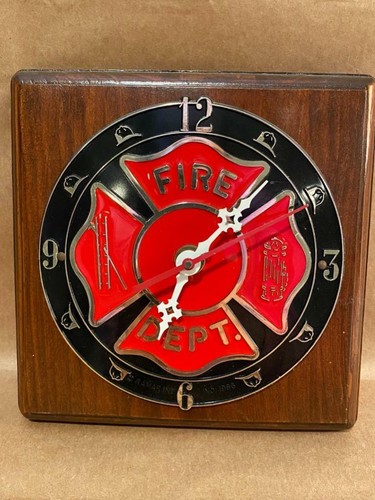 Vintage Fire Department Clock w/ Wood Backing Metal Face Ramar Indust ...
