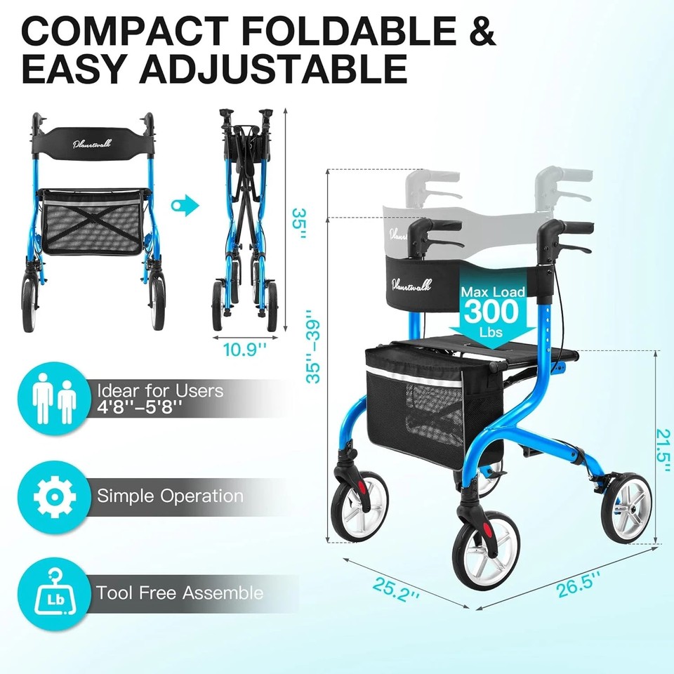 Super Lightweight Rollator Walker for Seniors, Foldable Rolling Walker ...
