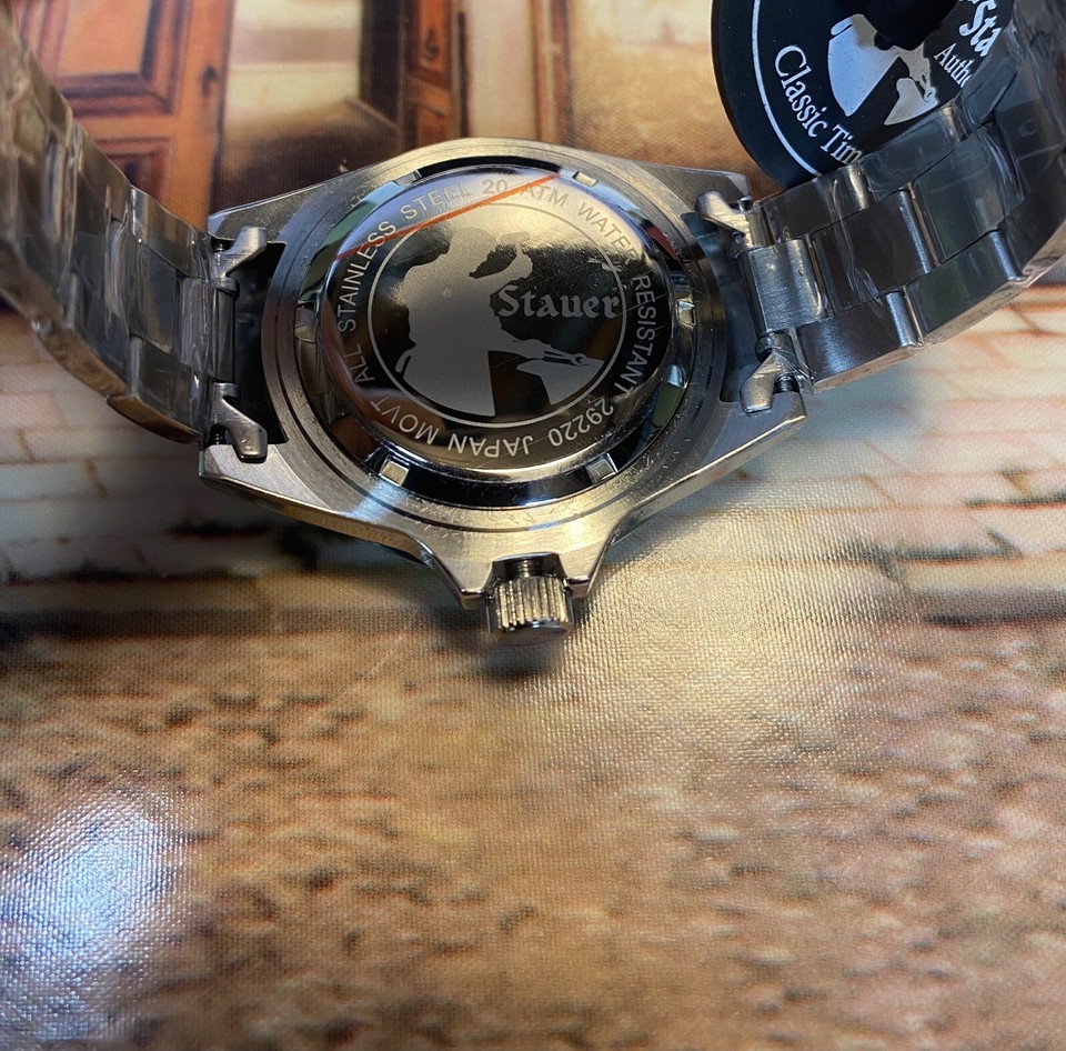 Men's Stauer Excursion Dive Watch Silver Band Navy Face New with Box ...