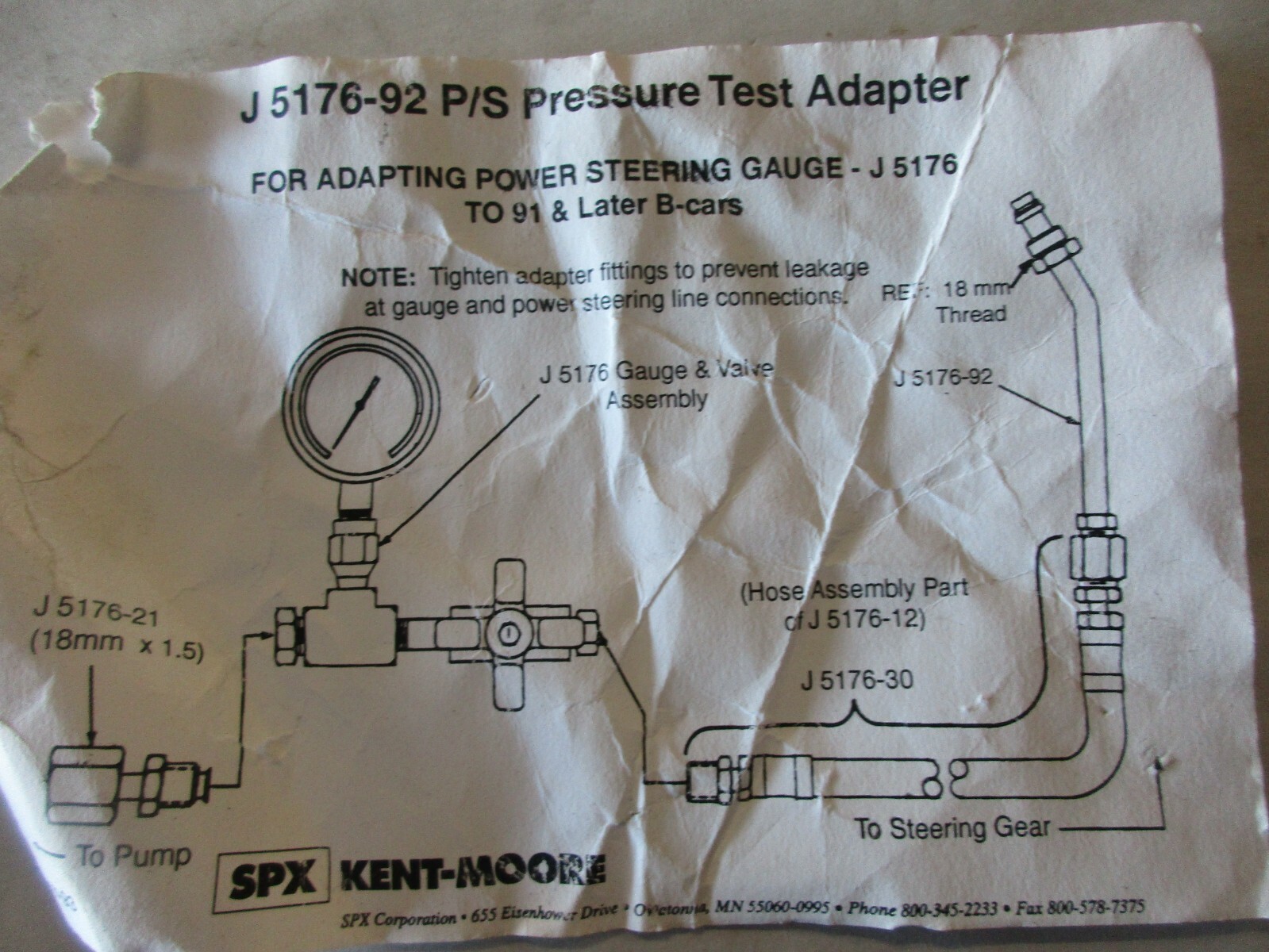 KENT MOORE TOOL J-5176-92 P/S PRESSURE TESTER ADPATER | eBay