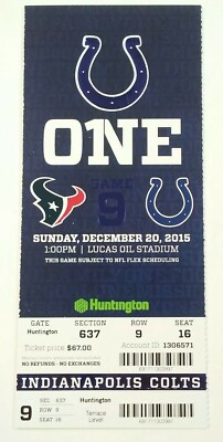 2015 Indianapolis Colts vs Houston Texans NFL Football Full Ticket Stub ...