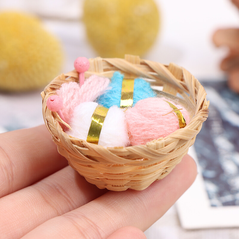 Woolen Knitting Home Work Bamboo Basket Needle Balls of 1/12 Dollhouse ...