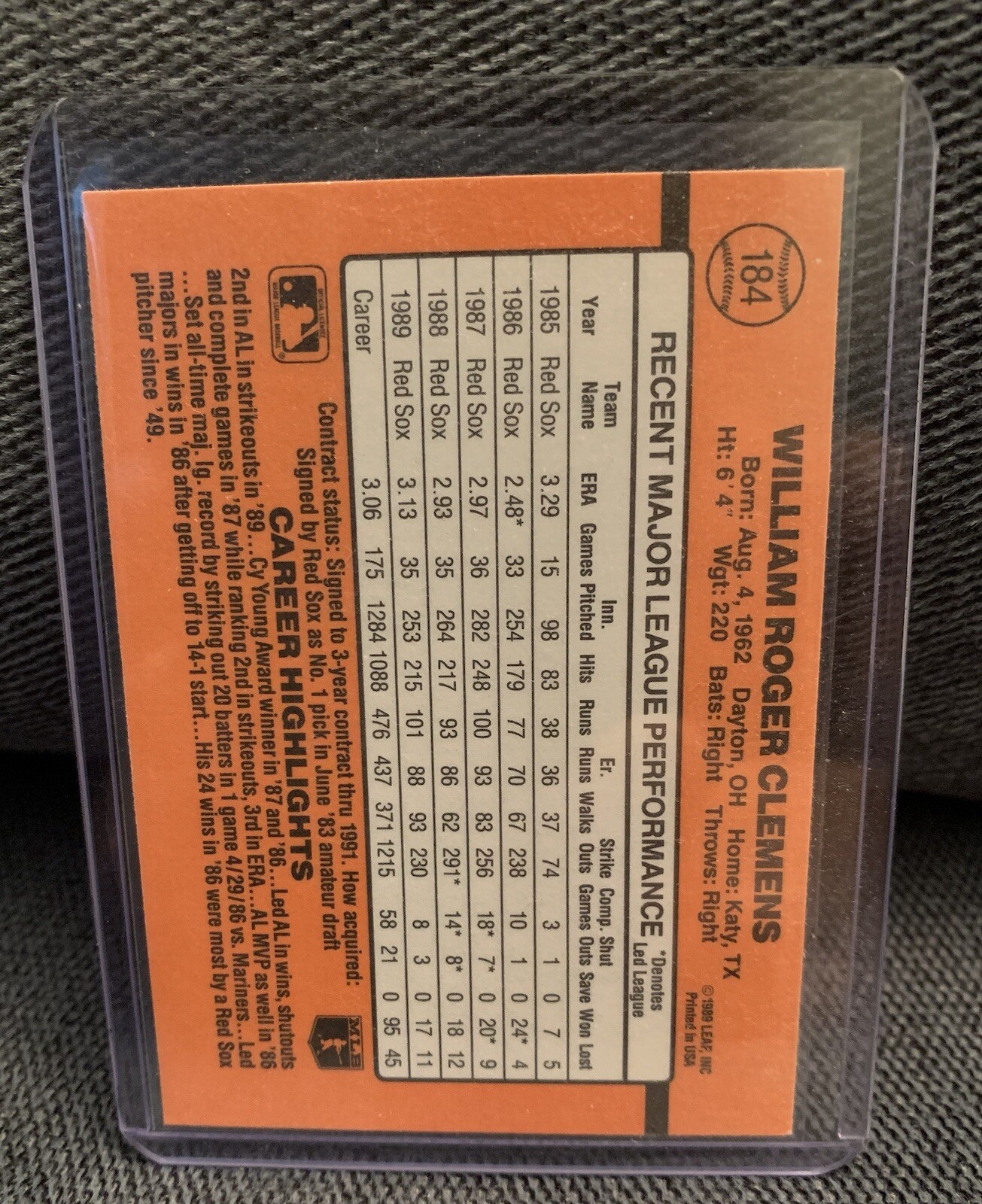 Roger Clemens Donruss 1990 *ERROR BASEBALL CARD* “No . After INC Error ...