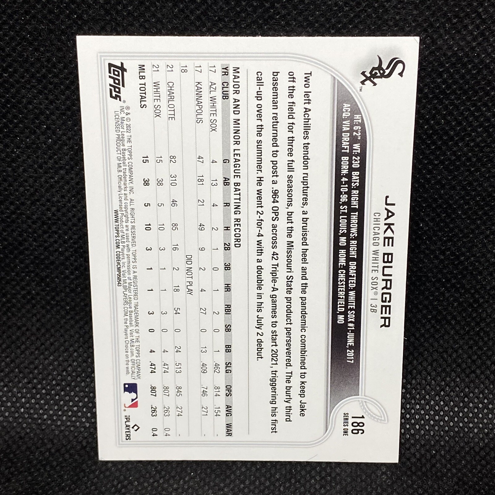 2022 Topps Jake Burger RC Chicago White Sox Rookie #186 | eBay