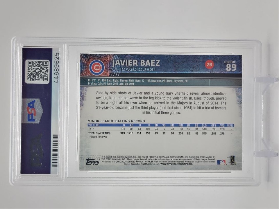 JAVIER BAEZ 2015 TOPPS CHROME ROOKIE REFRACTOR CUBS #89 RC PSA 10 Q3209 ...