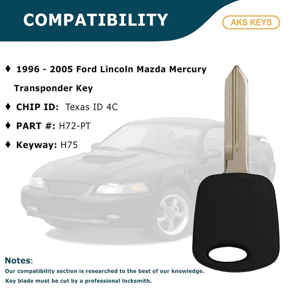 New Uncut Chipped Transponder Key Replacement for Ford 4C Chip H72-PT ...