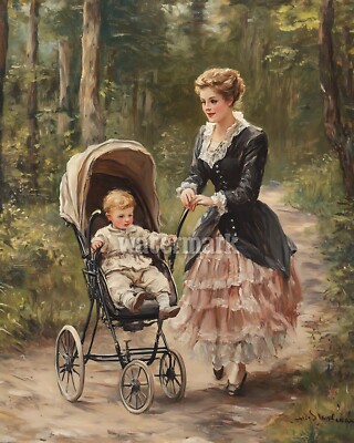 Victorian woman with a child in a vintage stroller oil Painting 8x10 ...