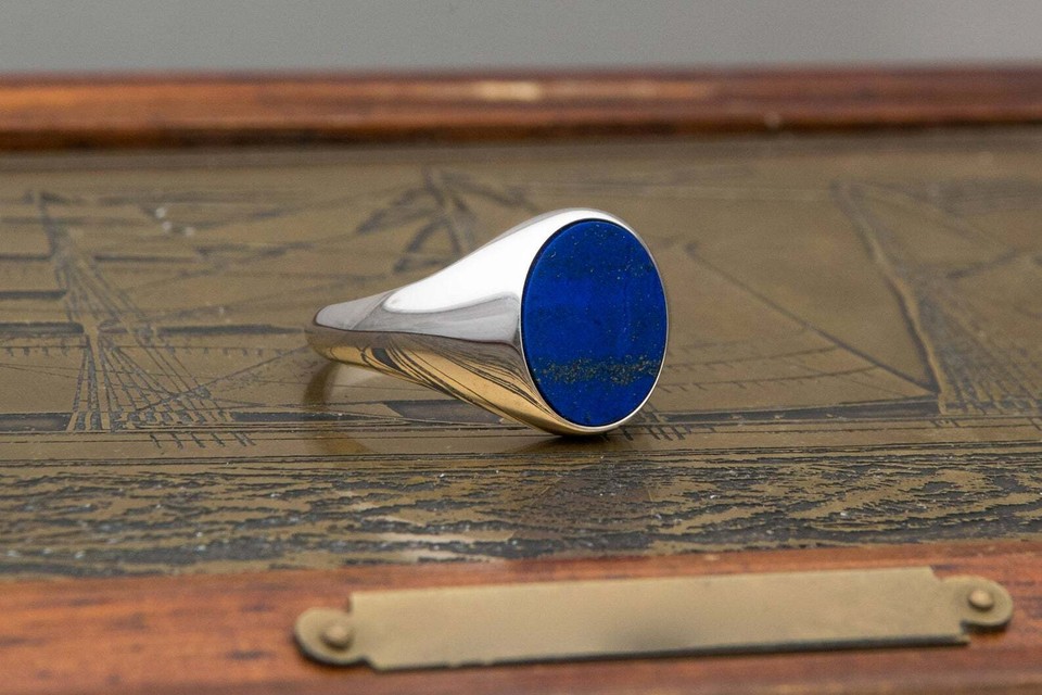 Solid 925 Sterling Silver Natural Flat Lapis Lazuli Gemstone Signet Men ...