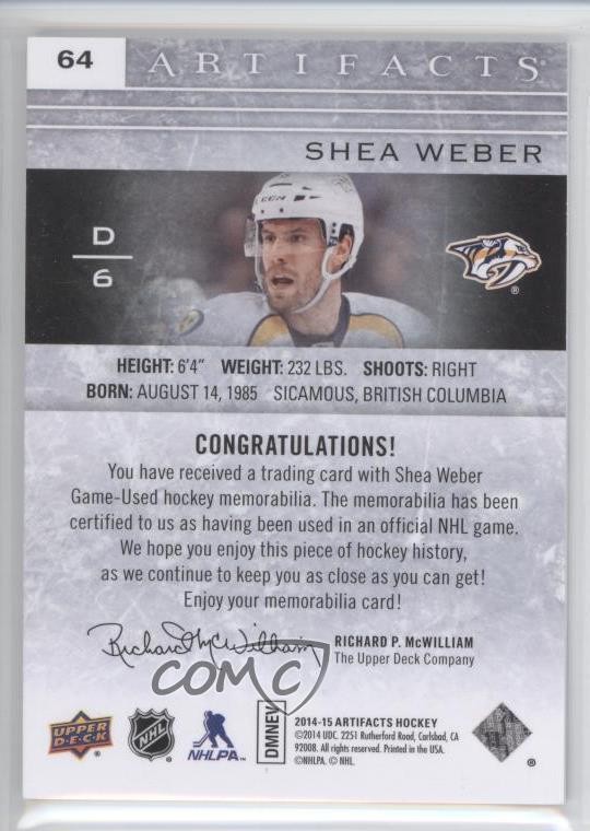 2014-15 Upper Deck Artifacts Silver Jersey/Jersey /125 Shea Weber #64 ...