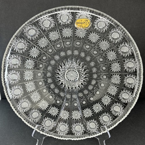 Hand Cut Lead Crystal Round 12" Platter Plate Bohemia Queen Lace Czech ...