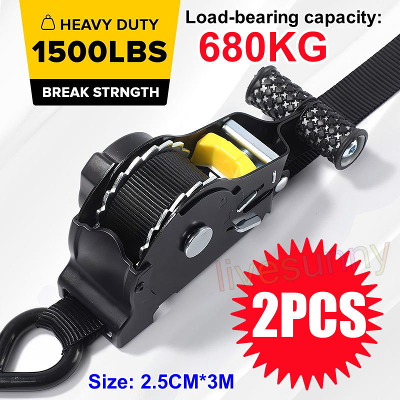 2pcs Heavy Duty Ratchet Tie Down Straps 680KG Car Roof Rack Belts Quick ...