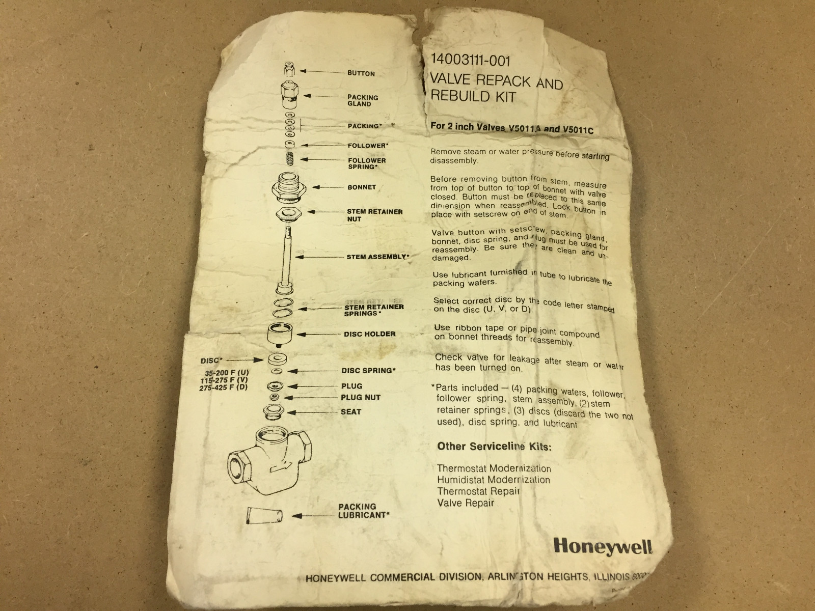 Honeywell 14003111-001 Valve Repack Rebuild Kit 2" 2.5" 3" Valves ...