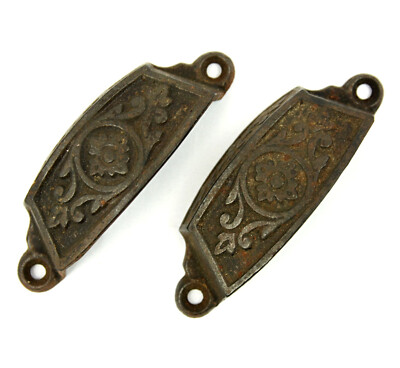 Antique Cast Iron Metal Embossed Cabinet Drawer Bin Pulls Handles Fancy ...
