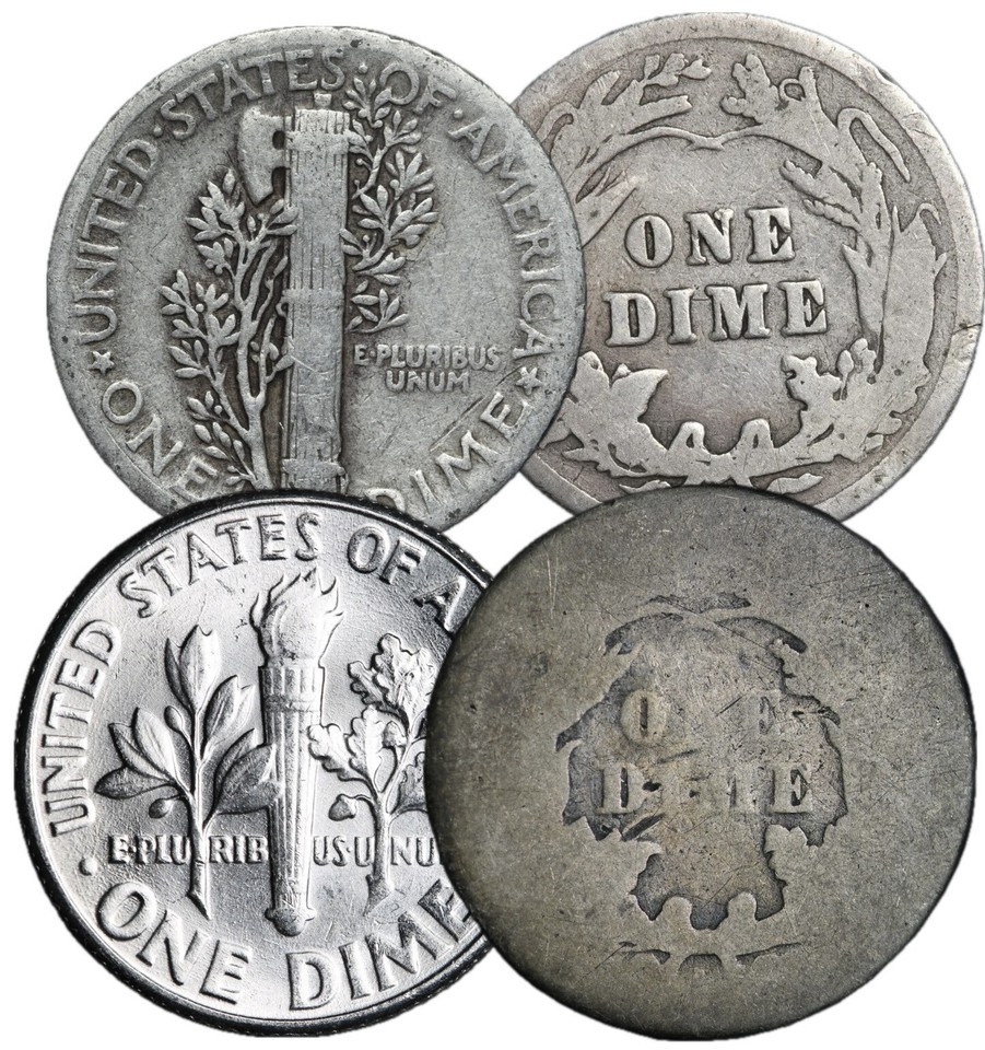 LOT OF 4 TYPES (1 EA) OF SILVER DIMES SEATED MERCURY BARBER ROOSEVELT ...