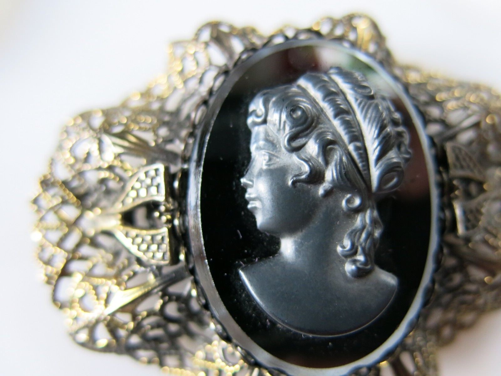 Vintage Black Cameo Glass Big Bold Metal Lace Filigr… - Gem