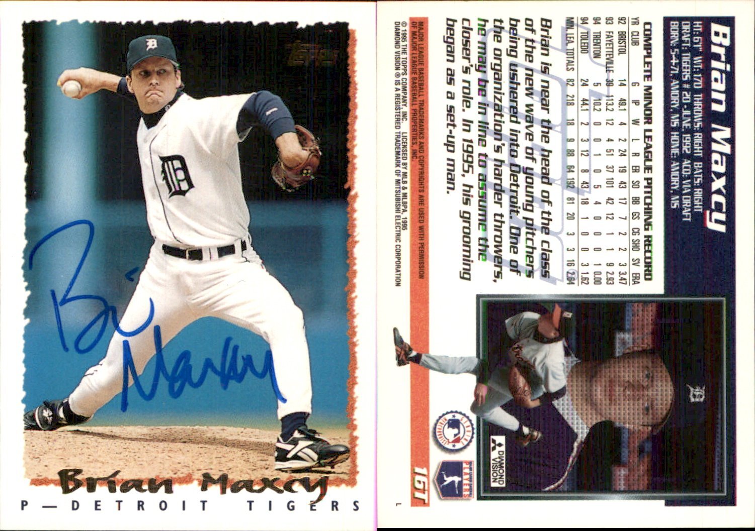 Brian Maxcy Signed 1995 Topps Traded & Rookies #16T Card Detroit Tigers ...