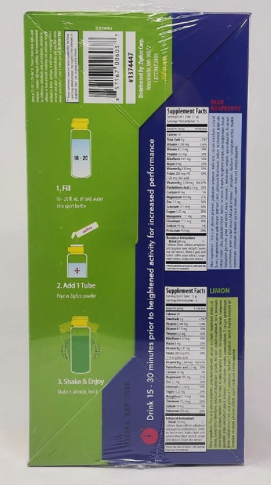 ZipFizz Energy Drink Mix 24 Tube Split Box Límon & Blue Raspberry READ ...