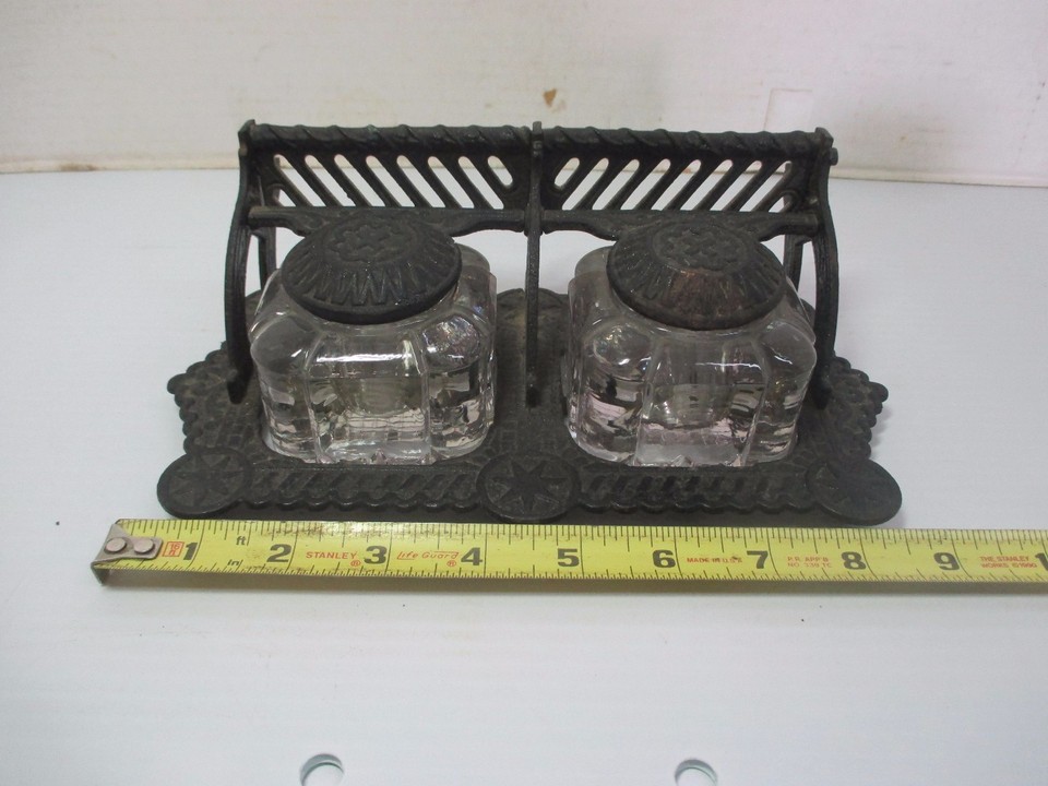 Vtg. Large Cast Iron Inkwell Set with 2 Glass Ink Wells on Cast Iron ...