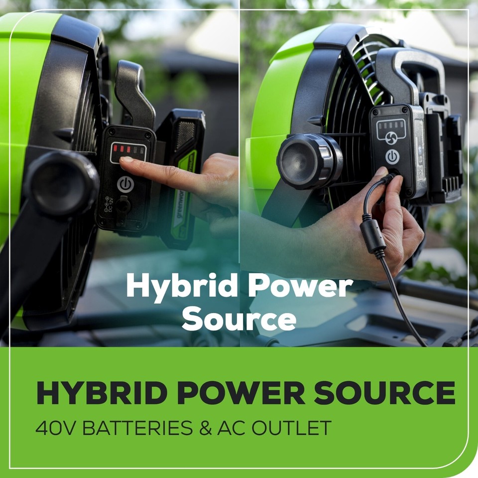 Greenworks 40V 10" Portable Fan (2 Power Source: 40V Battery and AC ...