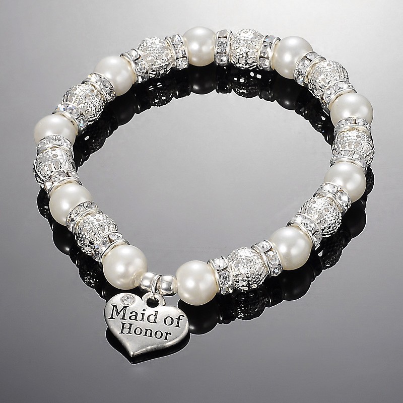 White Glass Pearl & Rhinestone Heart Wedding Charm Bracelet,Choice of ...