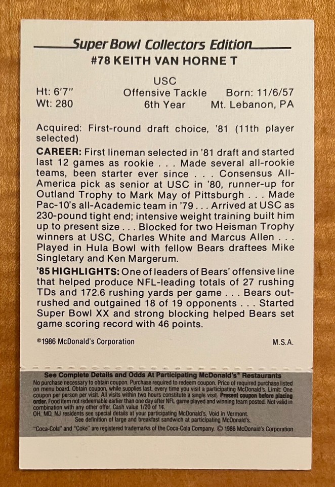 KEITH VAN HORNE - 1986 MCDONALDS CHICAGO BEARS SUPER BOWL XX - BLACK ...