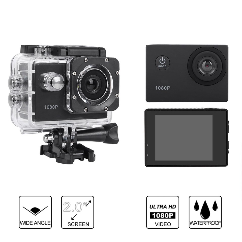 Action Camera, 1080P 30fps 12MP 30M Sports Camera 2 Inch with ...