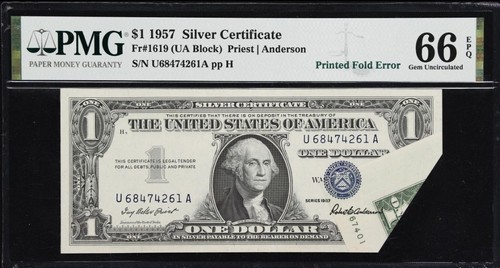 Error Fr. 1619 1957 $1 Silver Certificate PMG Gem 66 EPQ Printed Fold ...