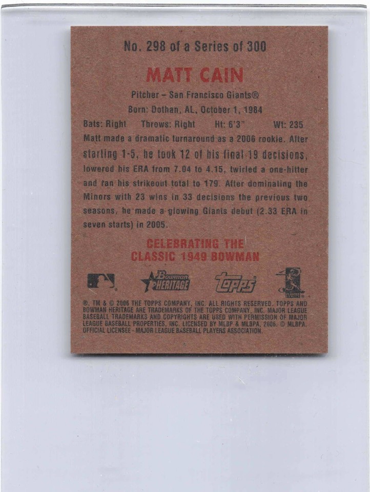 2006 Bowman Heritage Mini #298 Matt Cain RC [Parallel Baseball Card] | eBay