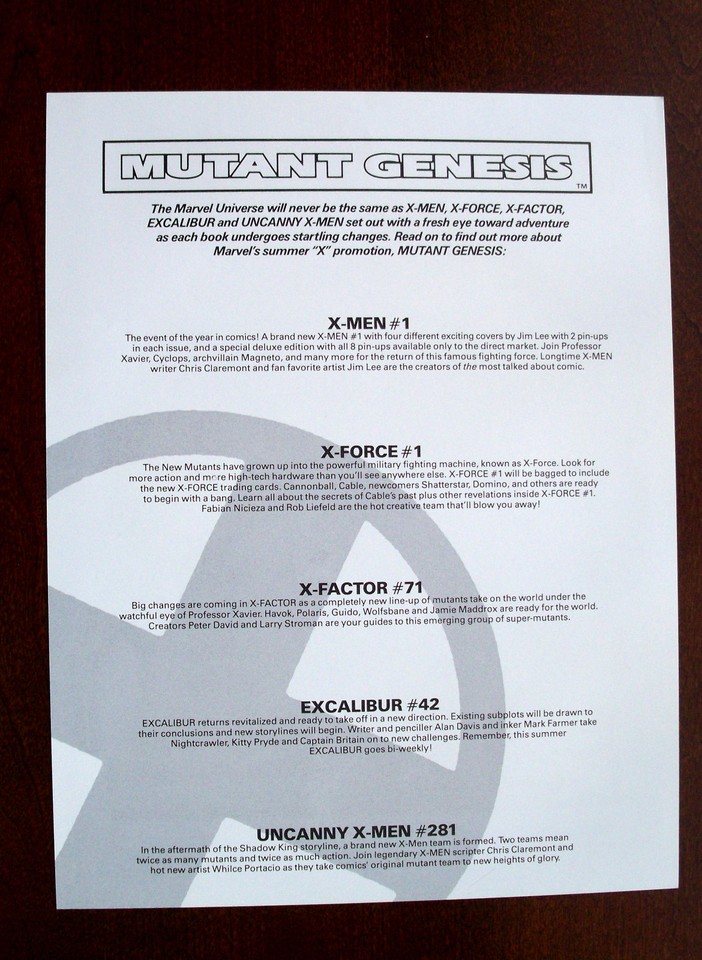 1991 MUTANT GENESIS PROMO Print 8x11 JIM LEE Liefeld Marvel CABLE X-Men ...