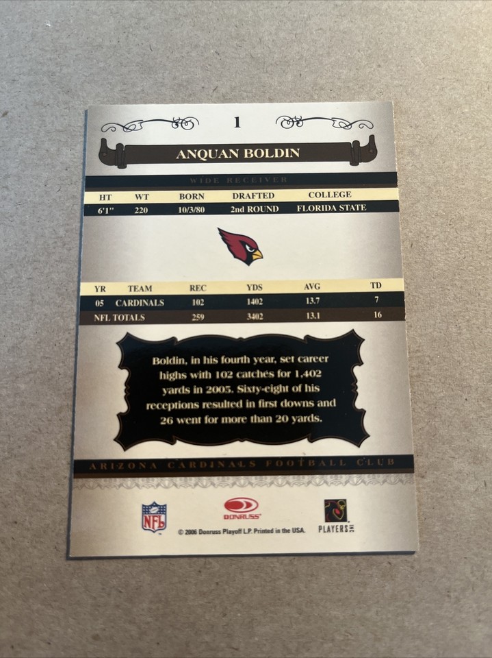 2006 Donruss Classics Anquan Boldin #1 Arizona Cardinals Florida State ...