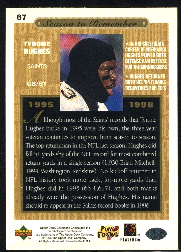 1996 Upper Deck Collector's Choice Tyrone Hughes #67 New Orleans Saints ...