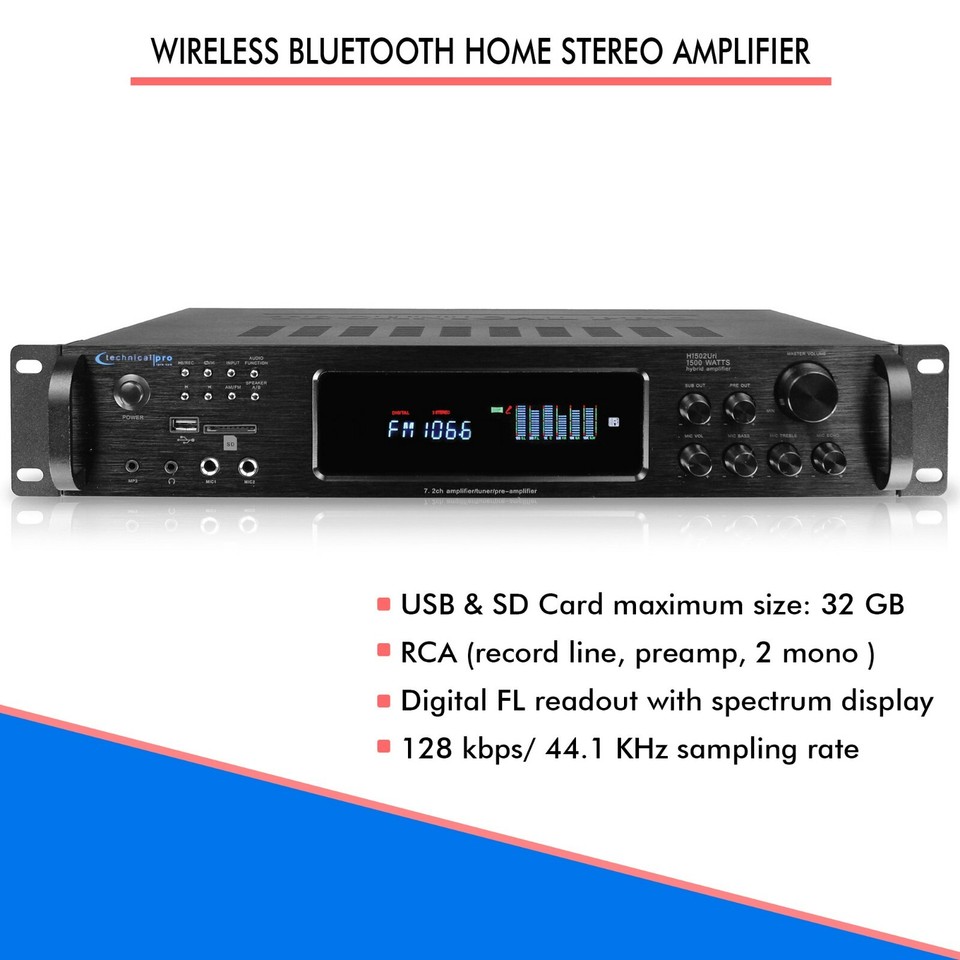 Bluetooth Home Stereo Amplifier 1500 Watt USB SD 2 Mic Inputs Wireless Remote 68888886338| eBay