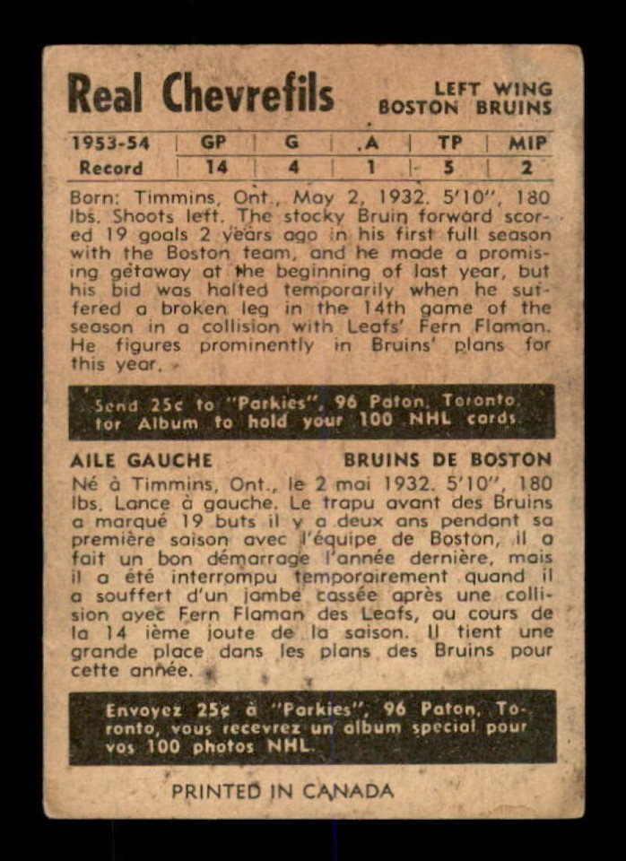 1954-55 Parkhurst #63 Real Chevrefils GVG Bruins 543503 | eBay