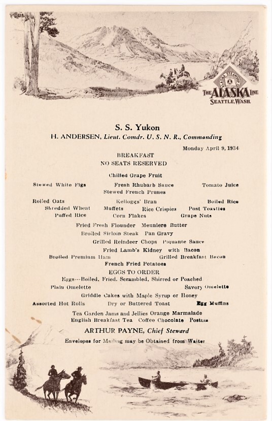 Alaska Steamship Company 1934 SS Yukon Menu w Wrangell Aerial View ...