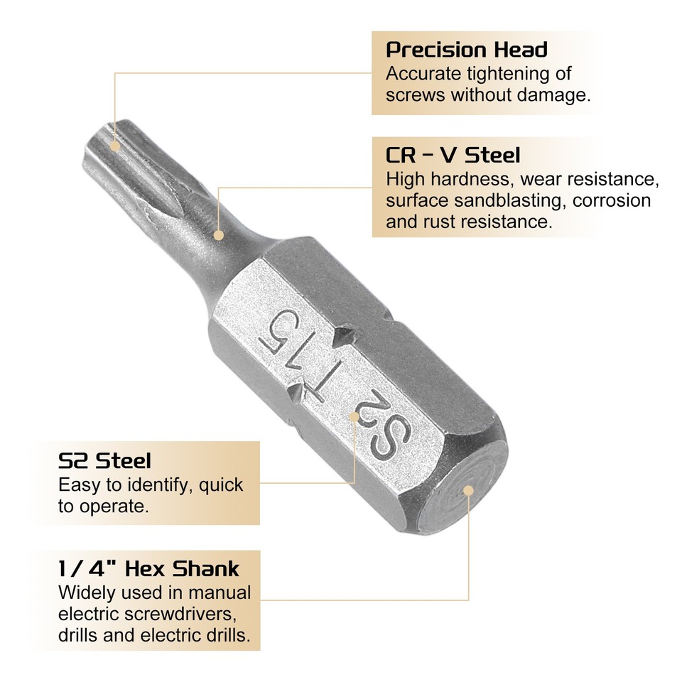 5pcs 1/4" Hex Shank T15 Head Magnetic 1" Length S2 Torx Screwdriver Bit ...
