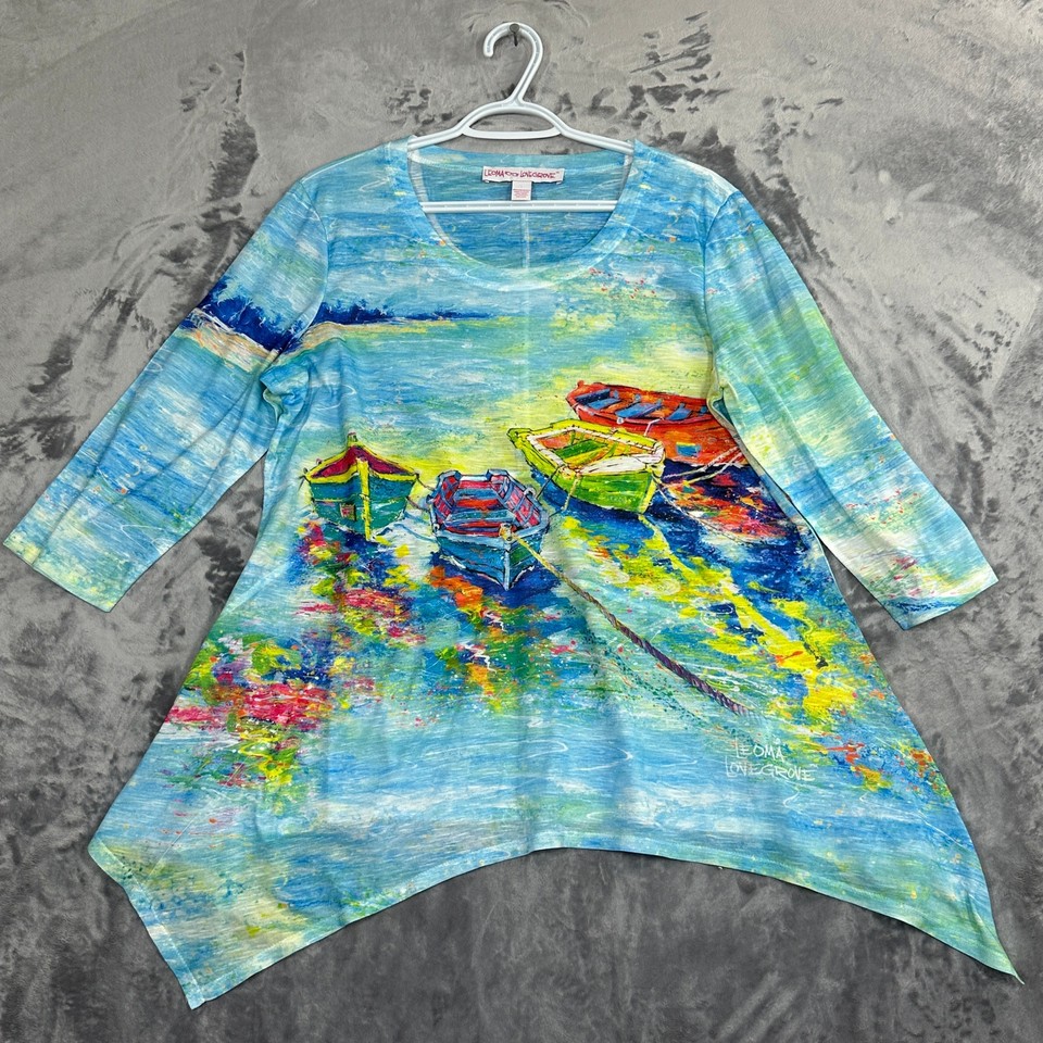 Leoma Lovegrove Top Large Colorful Beach City Wearable Art 3/4 Sleeve ...