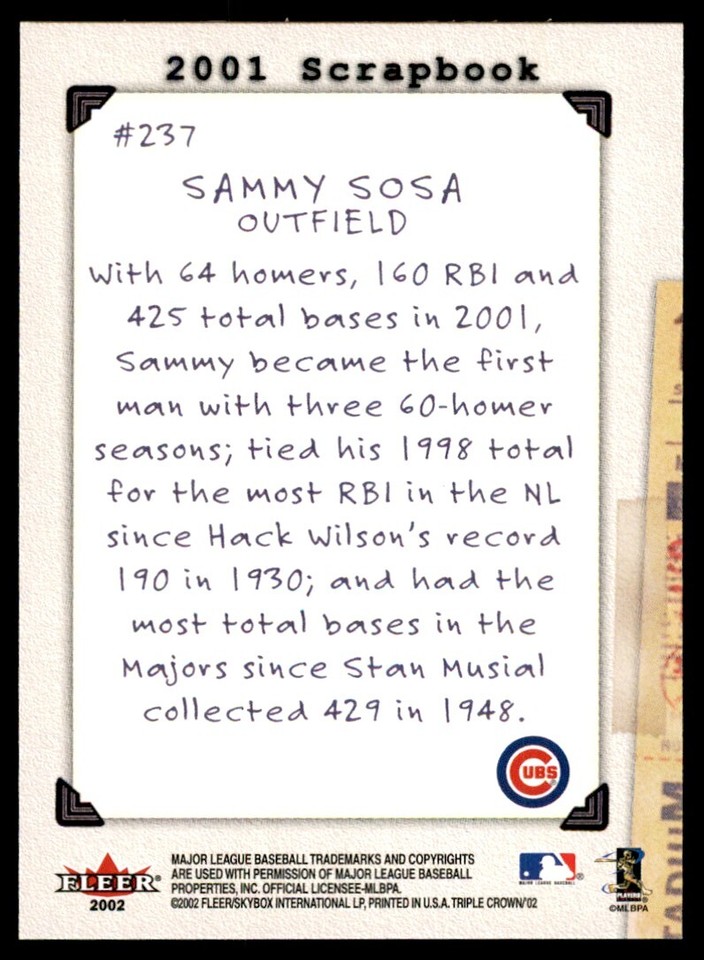 2002 Fleer Triple Crown Sammy Sosa Baseball Card Chicago Cubs #237 | eBay