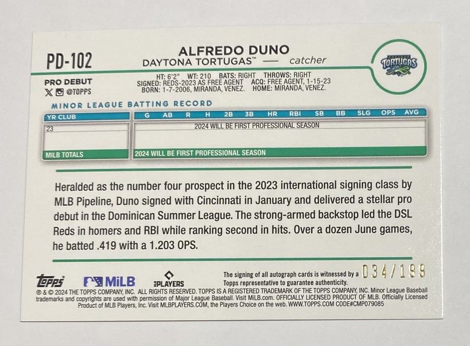 2024 Topps Pro Debut Alfredo Duno Sparkle Auto RC #034/199 Cincinnati ...