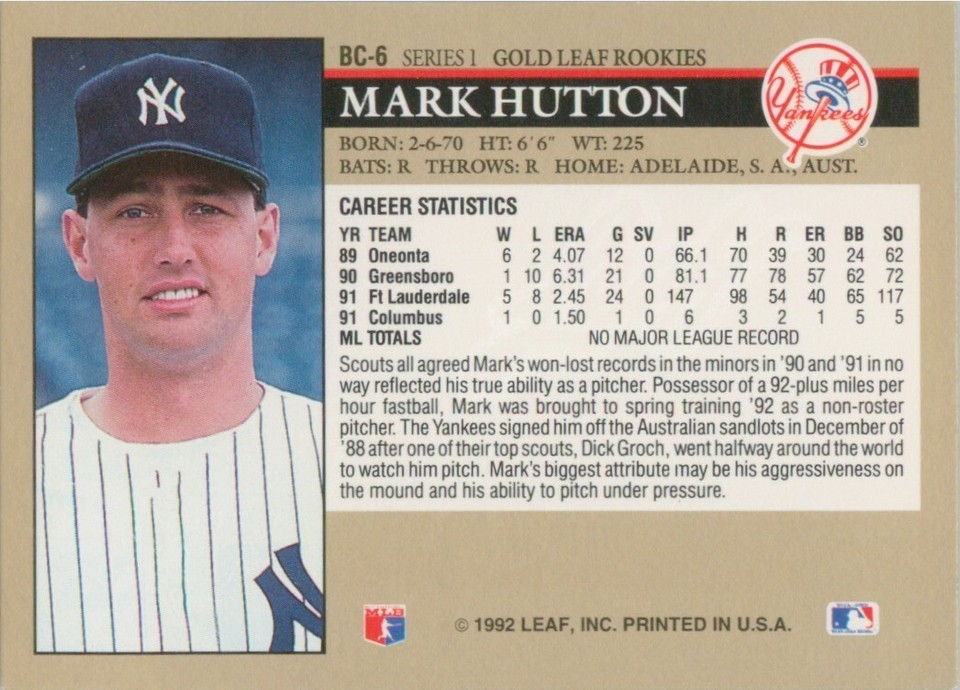 1992 Leaf Gold Rookies Mark Hutton #BC-6 New York Yankees Baseball Card | eBay