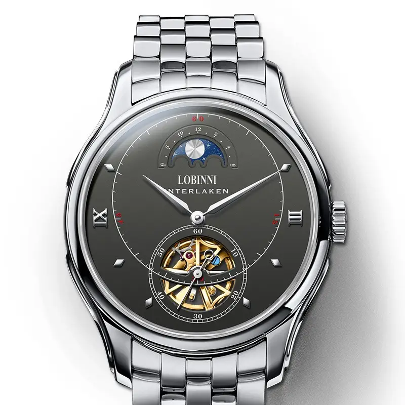 LOBINNI Round Design Moon Phase Men Hollow Out Skeleton Automatic Watch ...