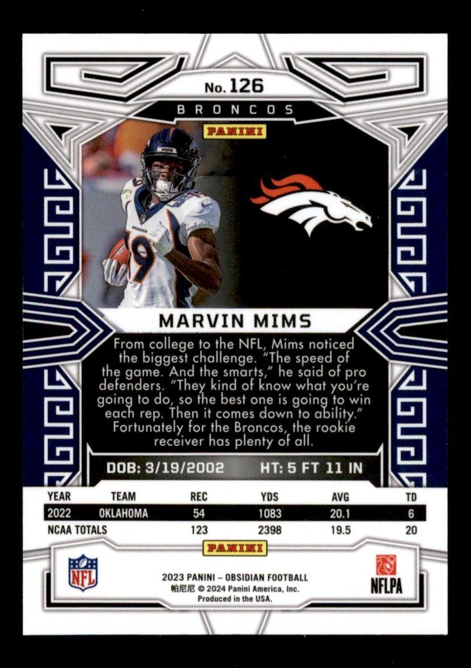 2023 Panini Obsidian RC Rookie White Contra SSP Marvin Mims Denver ...