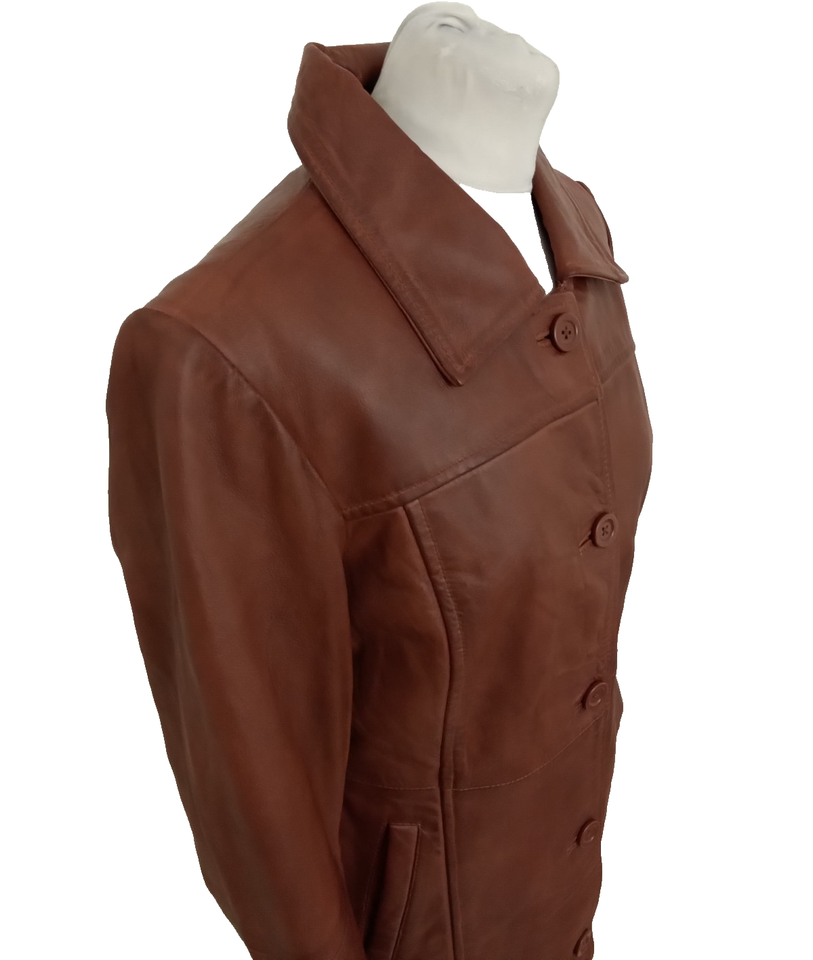 Kandis Women's Cognac Leather Coat Size M Brown Lined Buttons Pockets ...