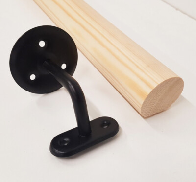 Pine 54mm mopstick round stair handrail black bracket wooden timber ...