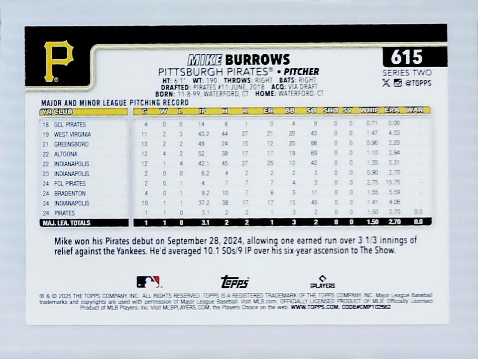 2025 TOPPS SERIES 2 #615 MIKE BURROWS PITTSBURGH PIRATES | eBay
