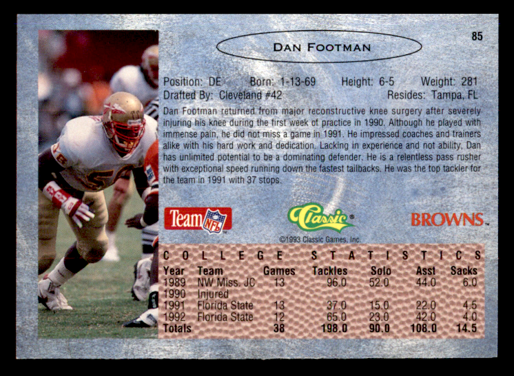 1993 Classic Dan Footman #85 Cleveland Browns | eBay