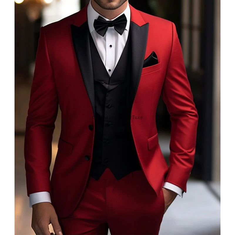 Men Suit Red Slim Fit Party Prom Luxury Dinner Groom Tuxedo Wedding ...