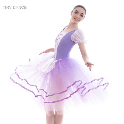 Girls Puff Sleeve Purple Ballet Dance Tutu Romantic Style Dress Stage ...